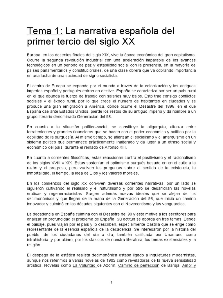 Tema 1 - La Narrativa Española Del Primer Tercio Del Siglo XX | PDF ...