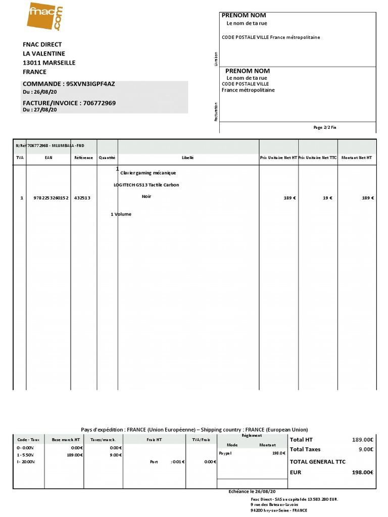 Facture FNAC | Download Free PDF | Taxe sur la valeur ajoutée | Marché ... Facture FNAC | Download Free PDF | Taxe sur la valeur ajoutée | Marché ...