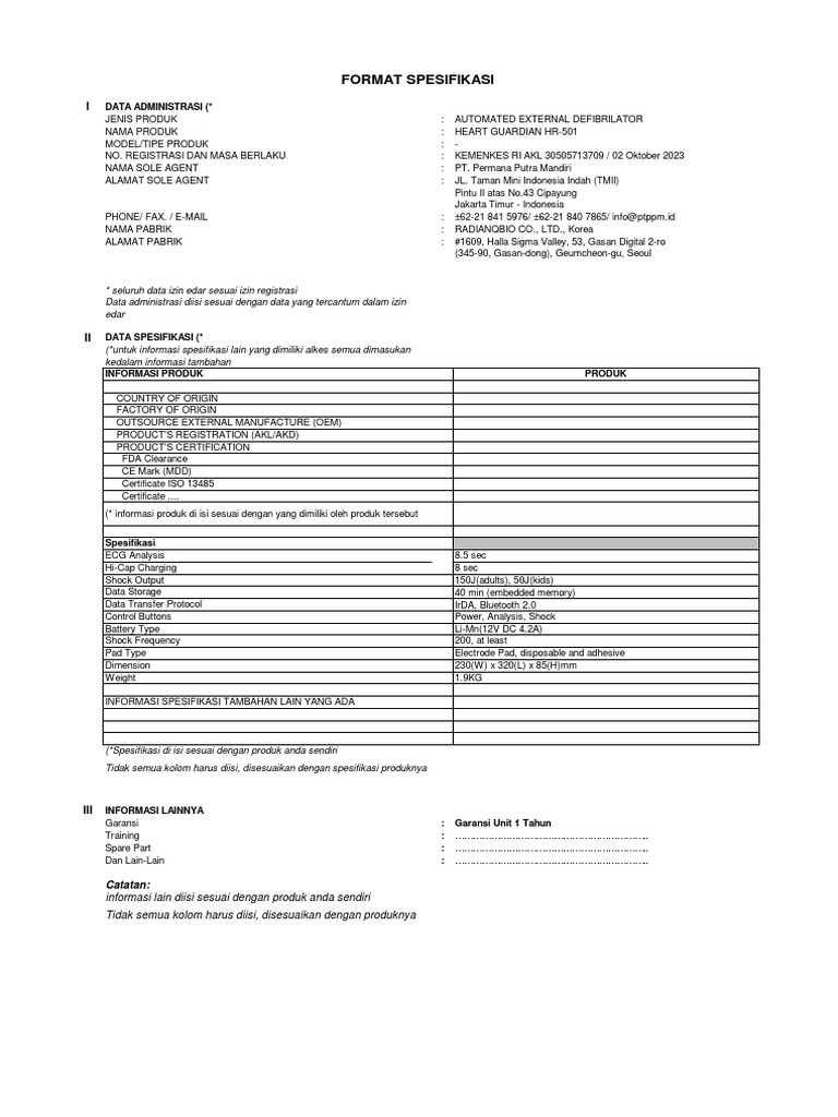 Spesifikasi RADIAN AED HR-501 PDF | PDF