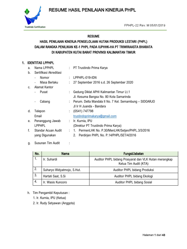 Resume Hasil Penilikan Ke-1 PHPL PT Triwiraasta Bharata PDF | PDF