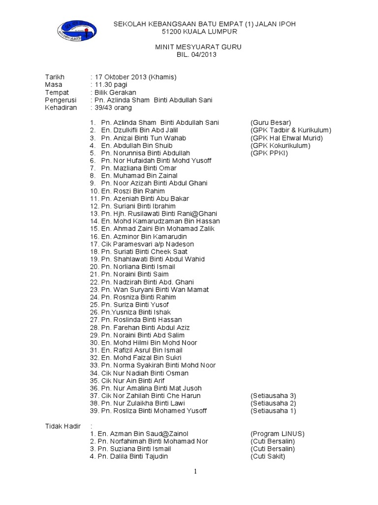 Minit Mesyuarat Guru Bil 4-13 | PDF Minit Mesyuarat Guru Bil 4-13 | PDF