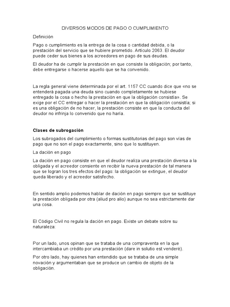 DIVERSOS MODOS DE PAGO O CUMPLIMIENTO.docx | PDF | Pagos | Derecho privado