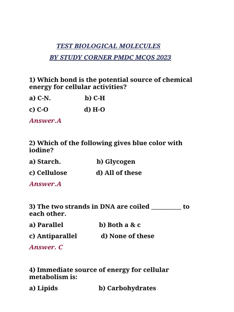 Test Biological Molecules PMDC Mcqs by STUDY CORNER | PDF