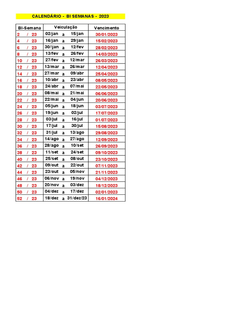 Calendário - Bi Semana 2023 PDF | PDF