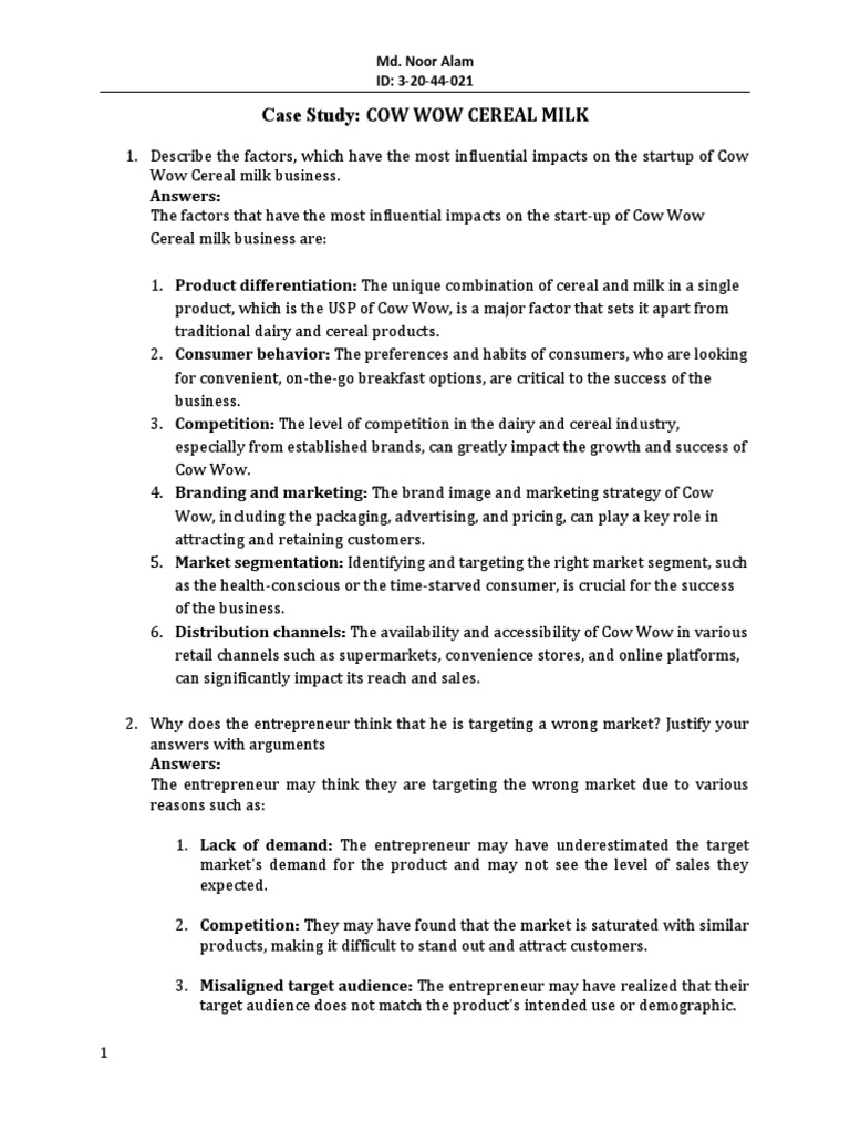 3-20-44-021 - Case Study On 'COW WOW CEREAL MILK' | PDF | Career ...