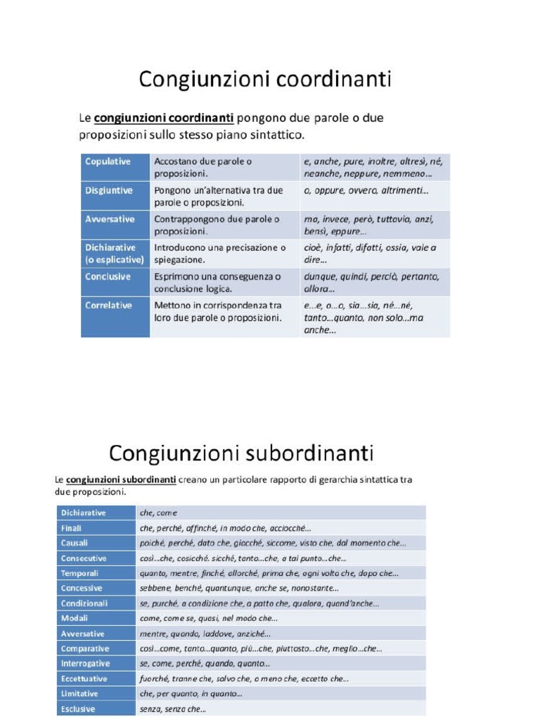 Congiunzioni Coordinanti e Subordinanti | PDF