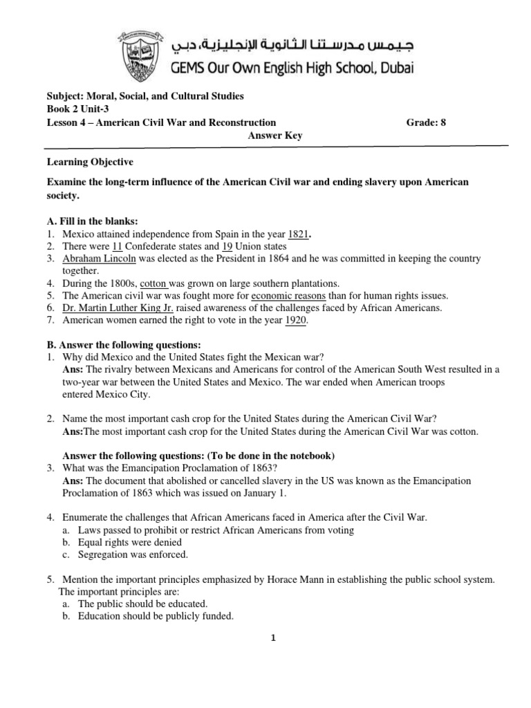 Book 2-Lesson 4 - American Civil War and Reconstruction Answer Key PDF ...
