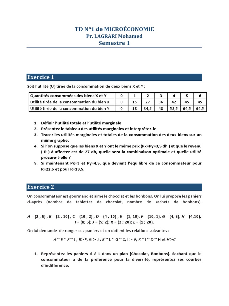 TD N 1 MicroÃ©conomie PDF | PDF