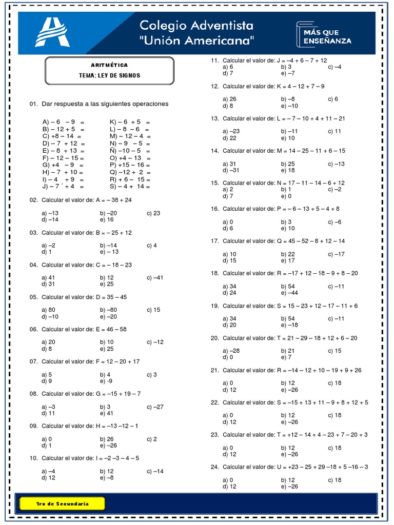 Separata - Ley de Signos - 1ro Sec - SR | PDF