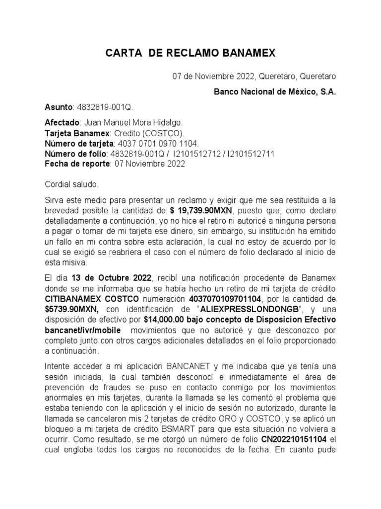 Carta de Reclamo Banamex | PDF