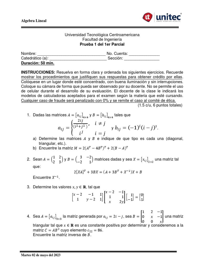 Prueba de Álgebra Lineal - 1er Parcial | PDF