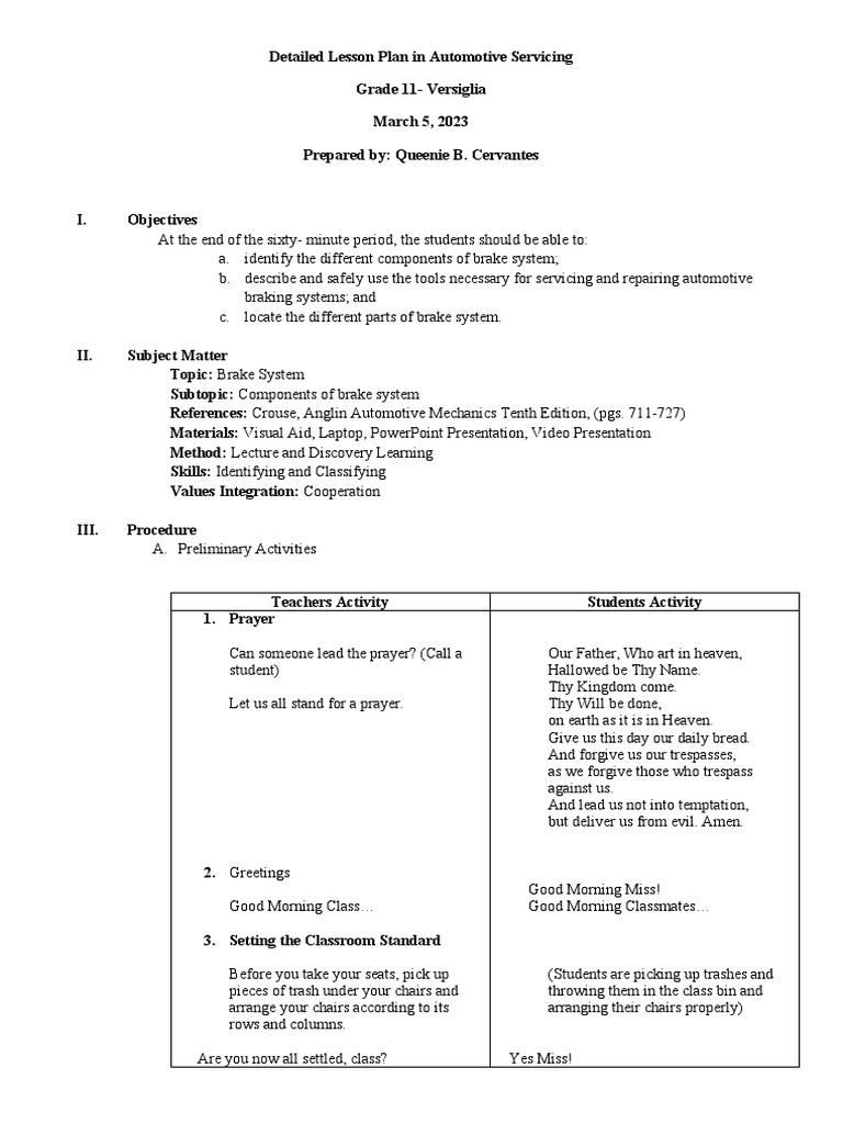Detailed Lesson Plan in Brake System | PDF