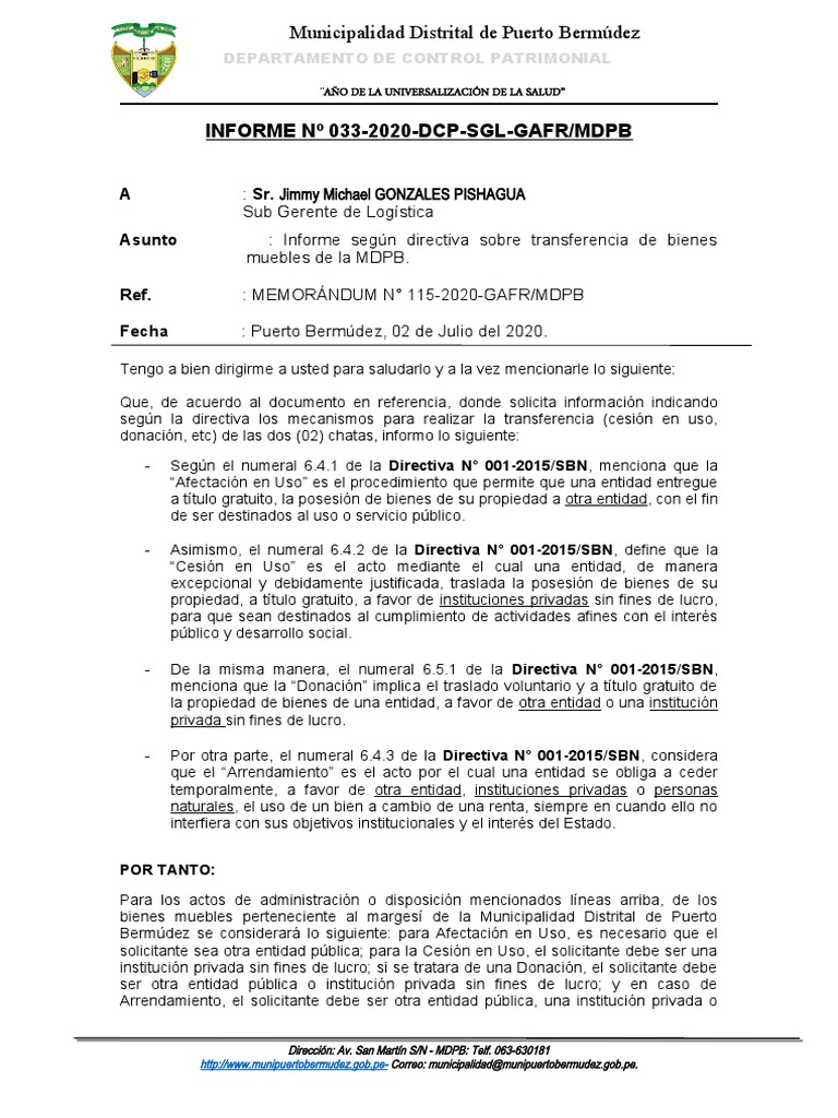INFORME N°033-DCP-SGL-GAFR-MDPB - Informe Según Directiva Sobre ...