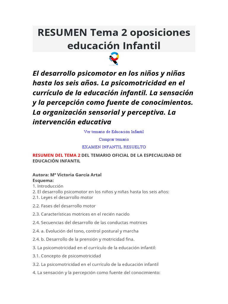 RESUMEN Tema 2 Oposiciones Educación Infantil | PDF