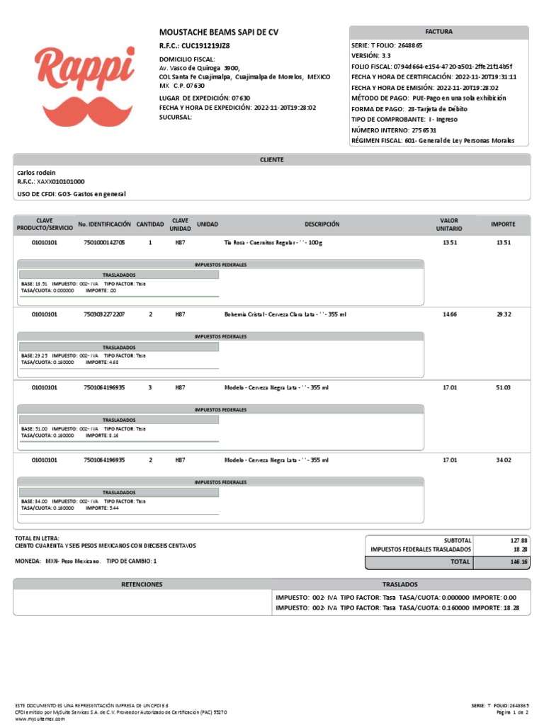 Moustache Beams Sapi de CV: R.F.C.: CUC191219JZ8 | PDF