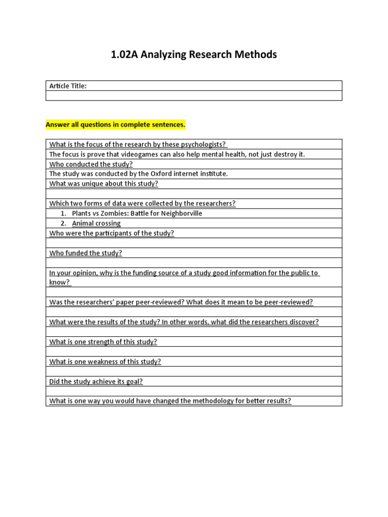1.02A Analyzing Research Methods: Answer All Questions in Complete Sentences | PDF | Science ...