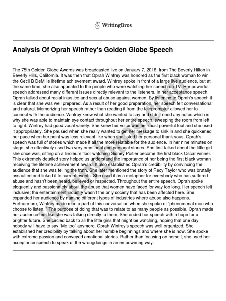 Analysis of Oprah Winfreys Golden Globe Speech | PDF