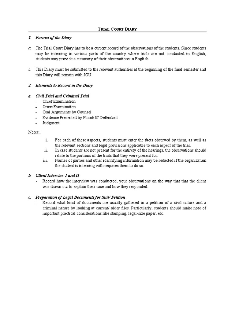Trial Court Diary - Format and Essential Elements | PDF