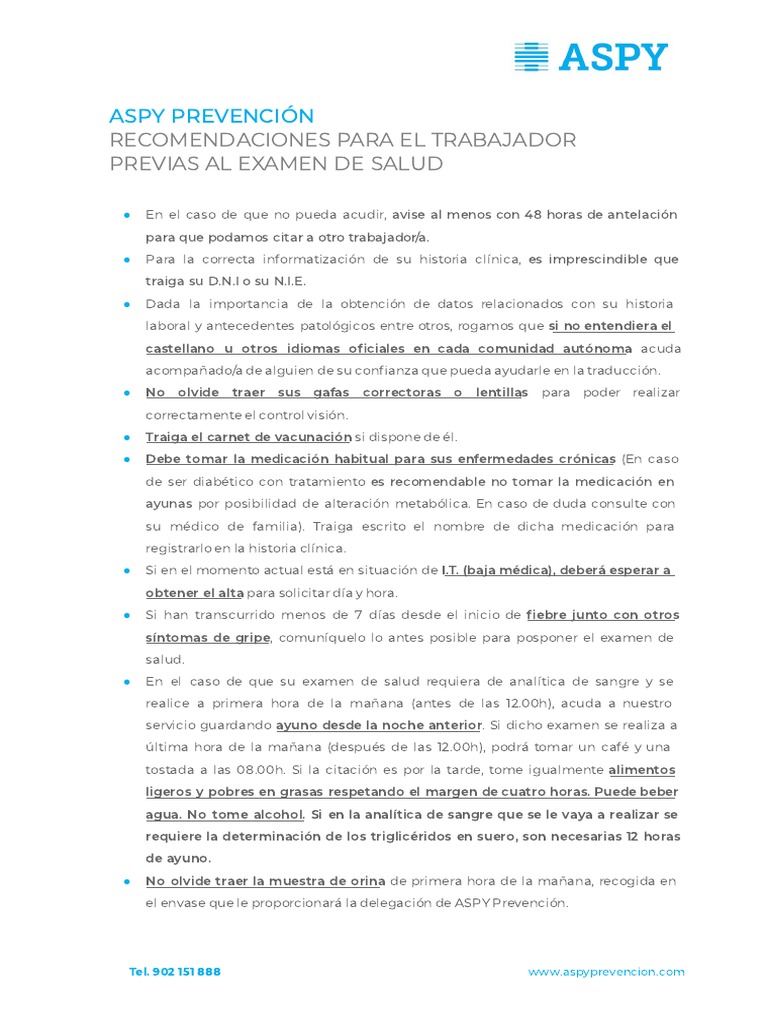 Recomendaciones Al Trabajador Previas Al Examen de Salud | PDF Recomendaciones Al Trabajador Previas Al Examen de Salud | PDF