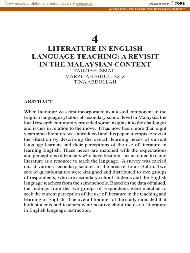Literature in English Language Teaching: A Revisit in The Malaysian Context | PDF