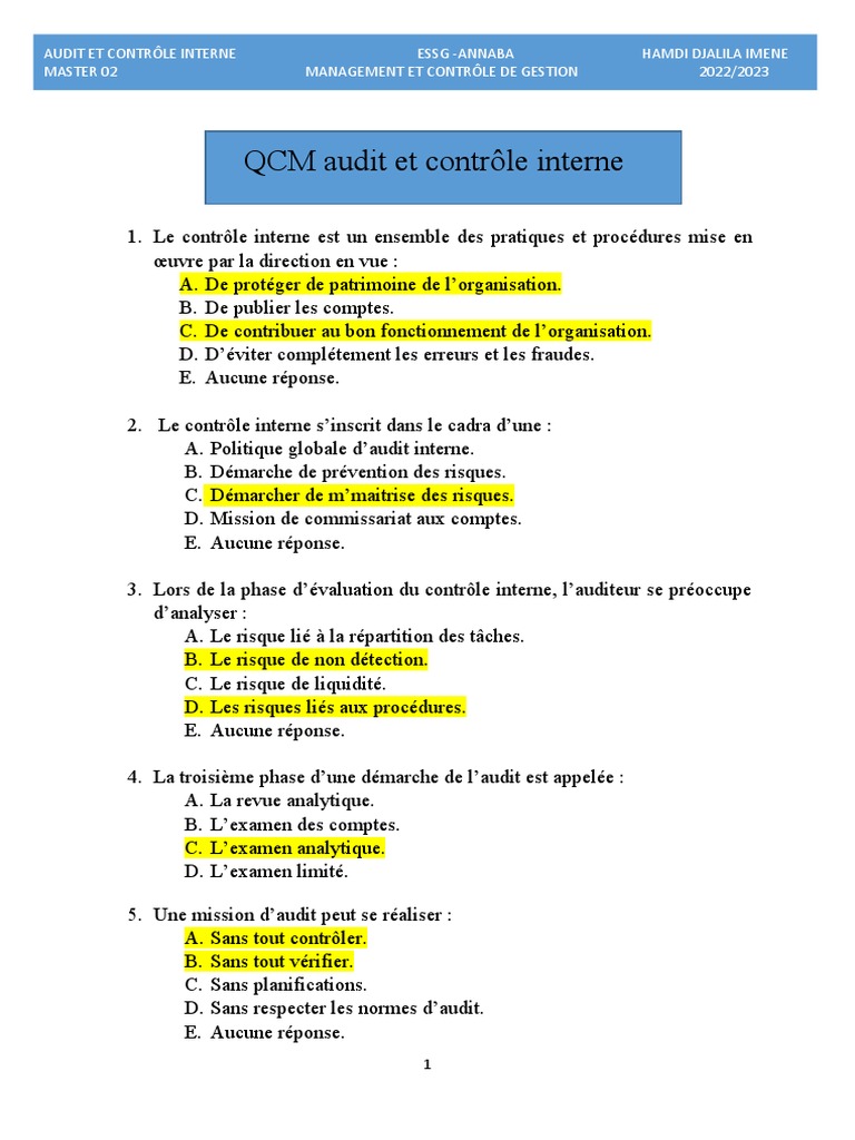 QCM Audit Et Contrôle Interne 4 | PDF | Affaires