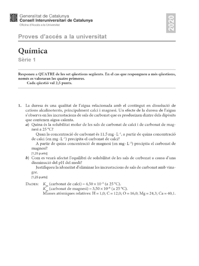 Exmaen PAU QUÍMICA 2020 Juny PDF | PDF