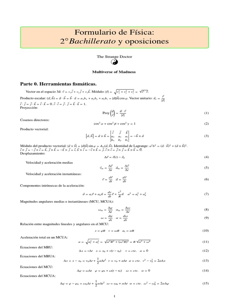 Formulario de Fisica 2 Bachillerato y Oposiciones | PDF