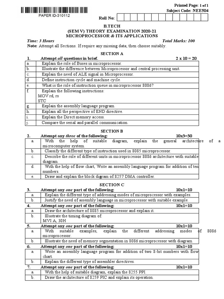 Btech Ee 5 Sem Microprocessor and Its Applications Nee504 2021 | PDF