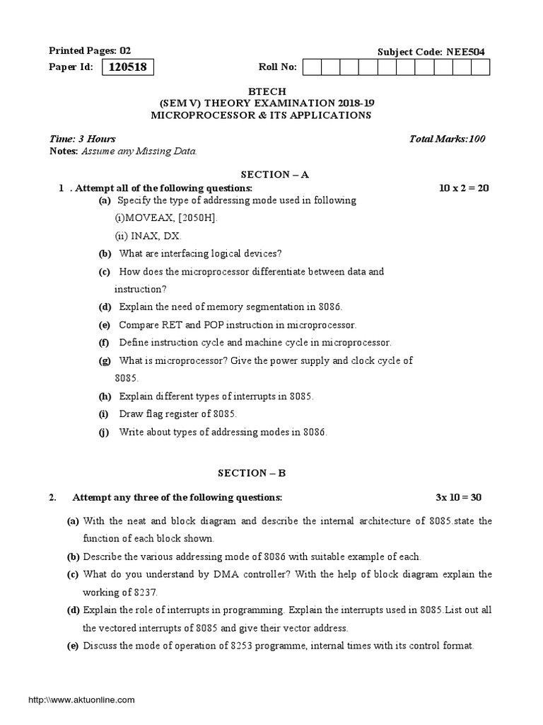 Btech Ee 5 Sem Microprocessor and Its Applications Nee504 2019 | PDF | Computer Engineering ...