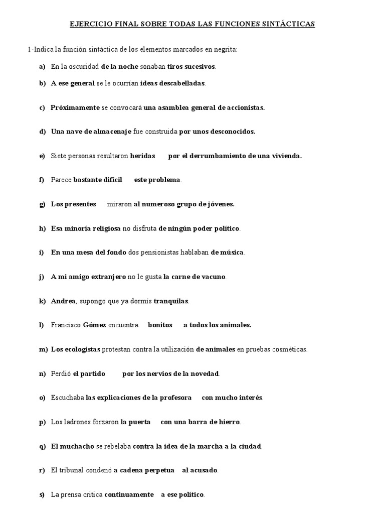 Ejercicio Final Sobre Todas Las Funciones Sintácticas. | PDF Ejercicio Final Sobre Todas Las Funciones Sintácticas. | PDF