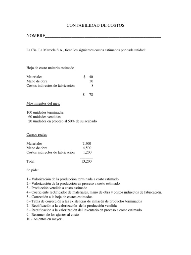 Ejercicio de Costos Estimados PDF | PDF