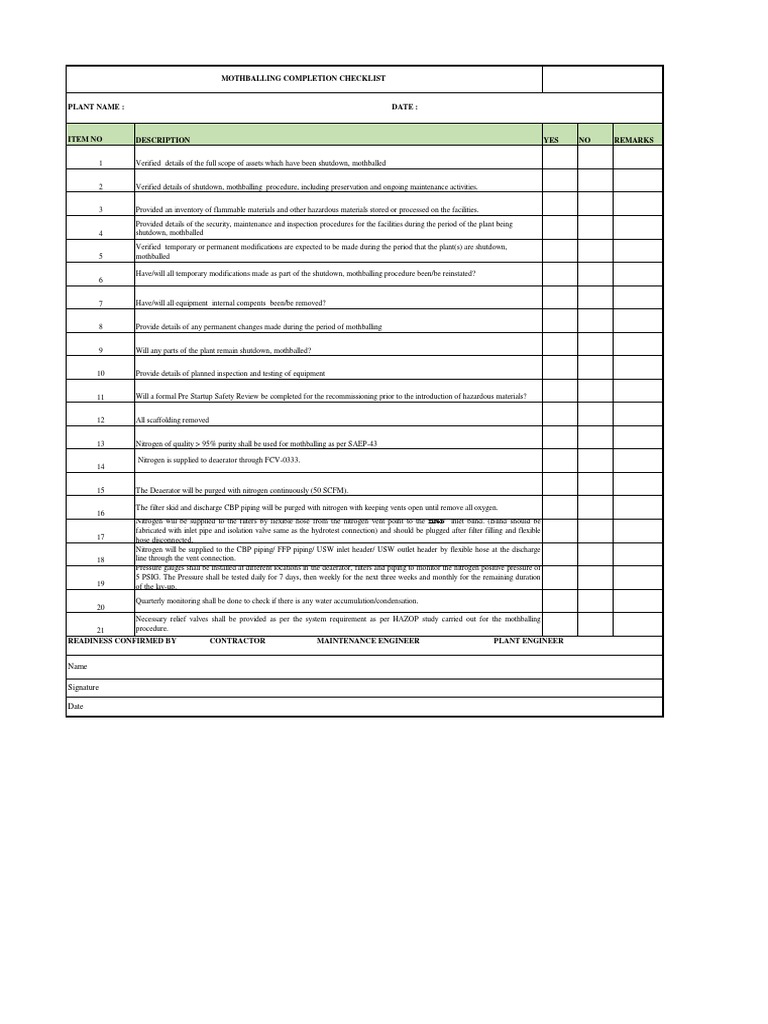 Mothballing Completion Checklist Z | PDF