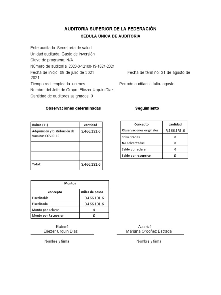 Anexo 15 Cédula Única de Auditoría | PDF