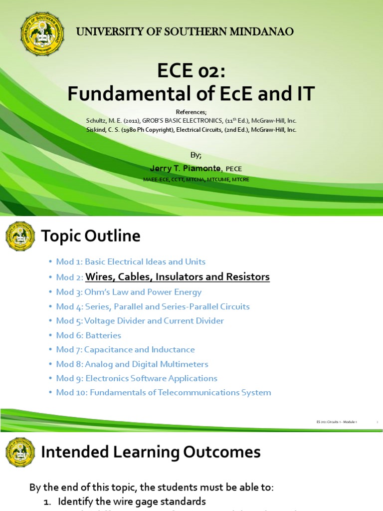 ECE02 Mod2 - WIRES, CABLES, INSULATORS RESISTORS | PDF