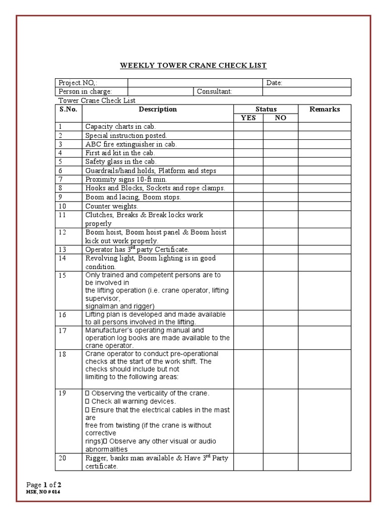 14-Weekly Tower Crane Check List | PDF