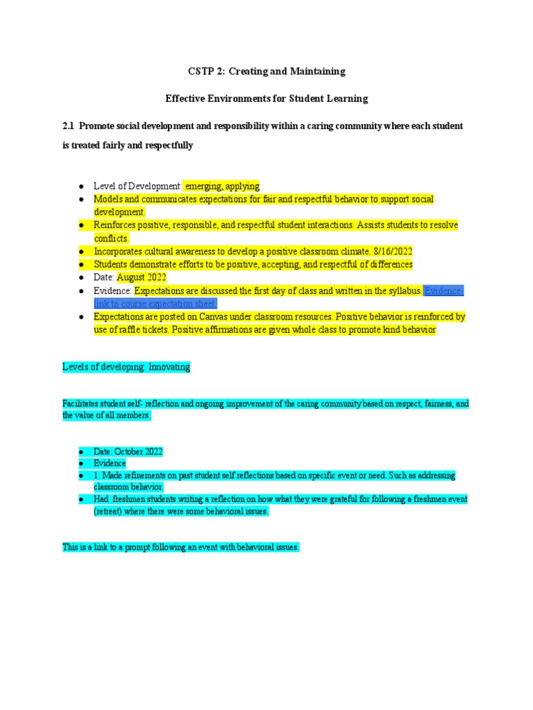 CSTP 2 Creating and Maintaining - Evidence May 2023 | PDF | Learning ...