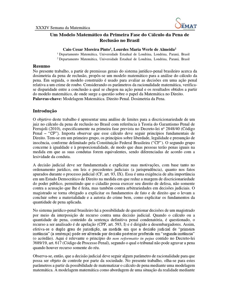 Semat 2022 Um Modelo Matemático Da Primeira Fase Do Cálculo Da Pena