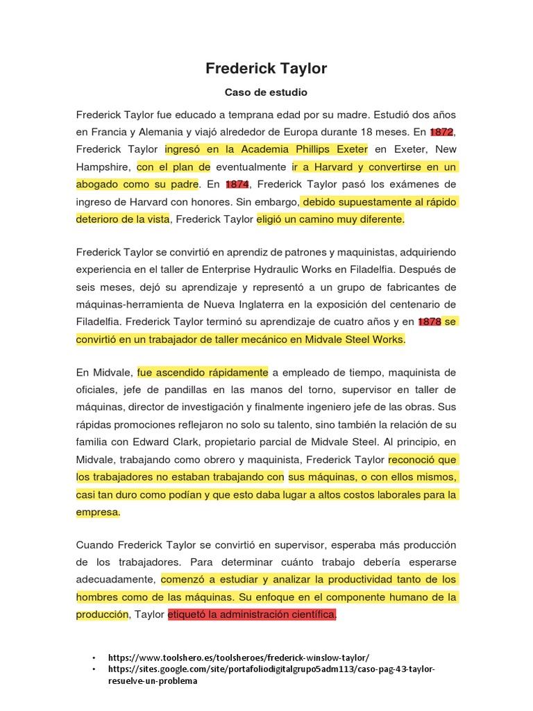 Caso de Estudio Frederick Taylor PDF | PDF