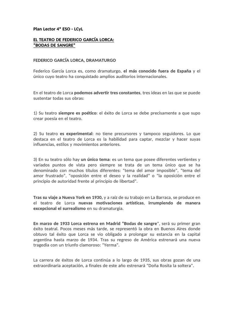 Guía Lectura BODAS DE SANGRE PDF | PDF | Federico García Lorca | Teatro