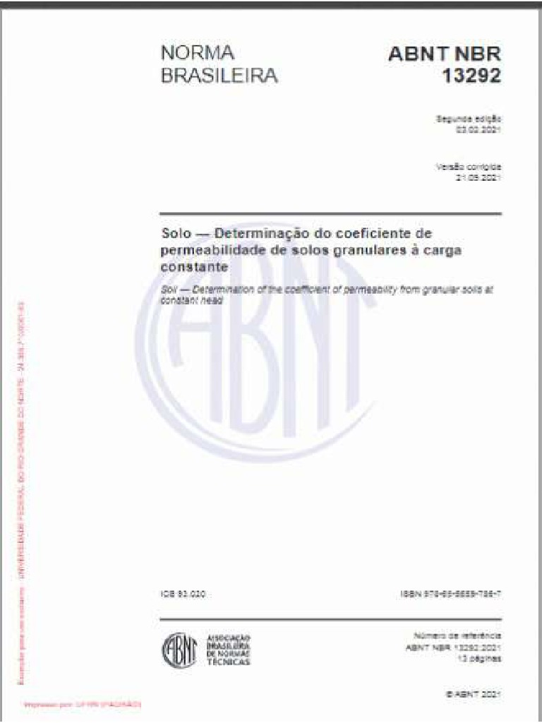 ABNT NBR 13292 Permeabilidade Carga Constante - Capa | PDF