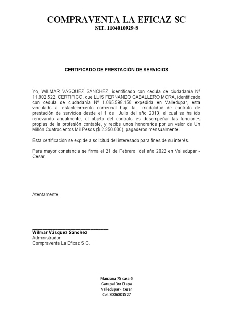 Certificado de Prestacion de Servicios | PDF