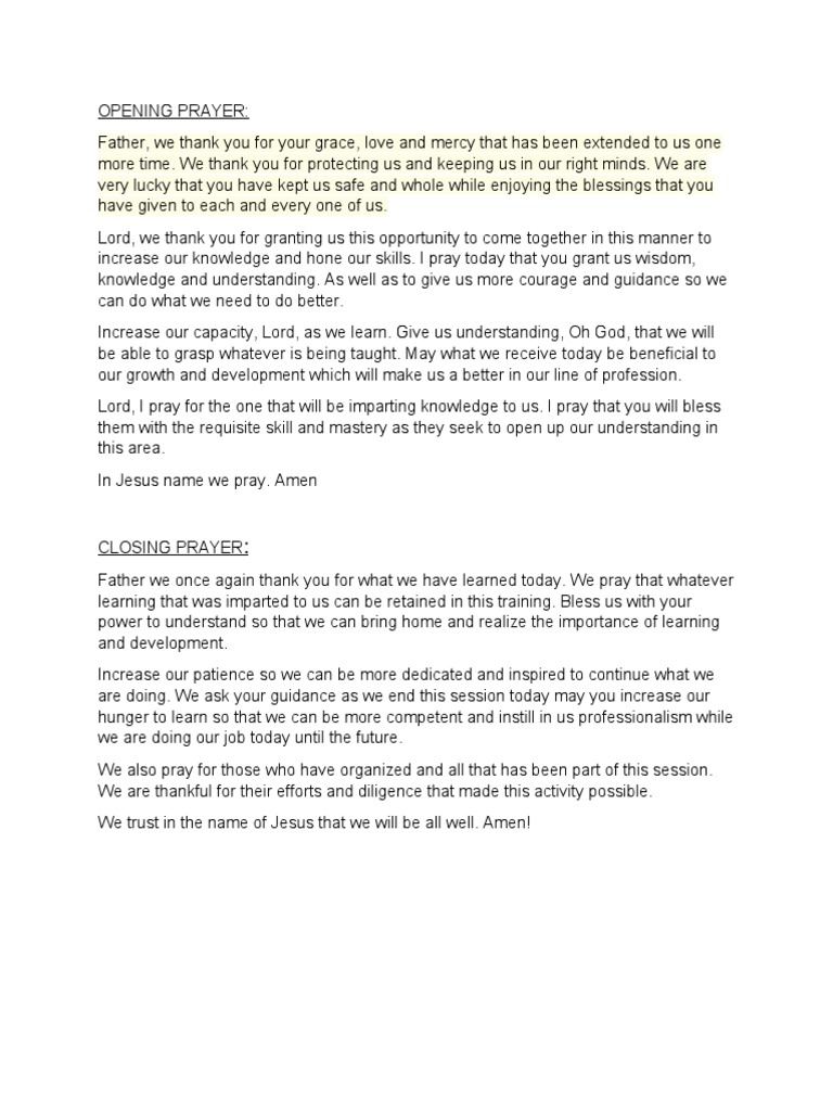 Opening Prayer - Closing Prayer | PDF