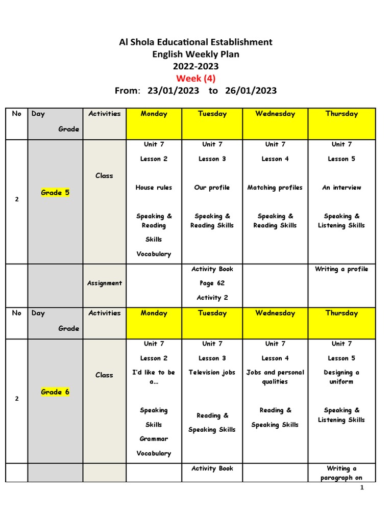 English Weekly Plan - Week 4 | PDF
