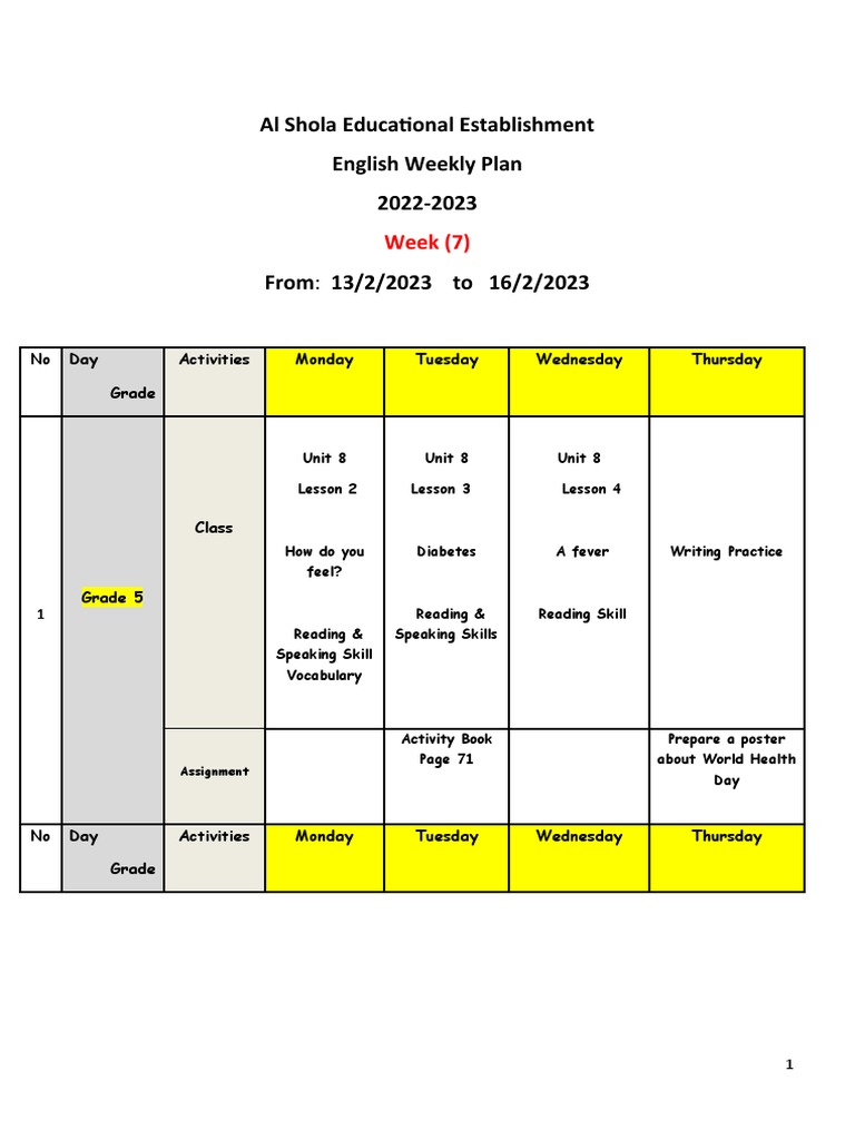 English Weekly Plan - Week 7 | PDF | Learning | Linguistics