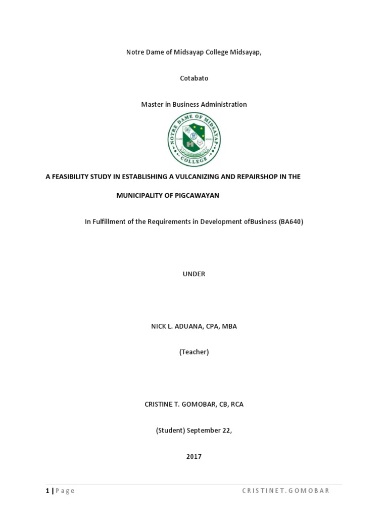 A Feasibility Study in Establishing A Vulcanizing and Repair Shop in ... A Feasibility Study in Establishing A Vulcanizing and Repair Shop in ...