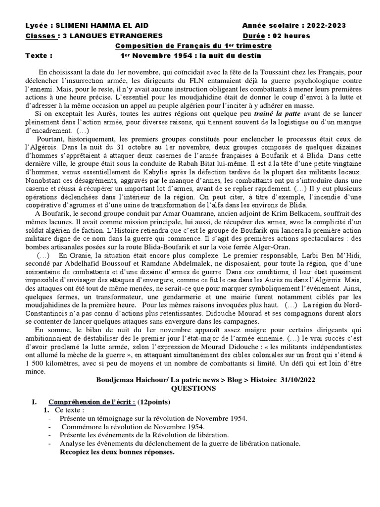 Composition de Francais 3 Le - Docx Version 1 | PDF