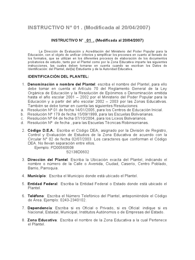INSTRUCTIVO #01 Unificar Criterios Cuanto Al Llenado de Los Formatos de Elaboración de Los ...