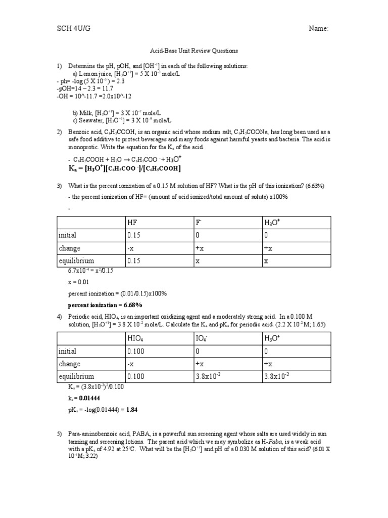 Acid Base Unit Review Questions | PDF