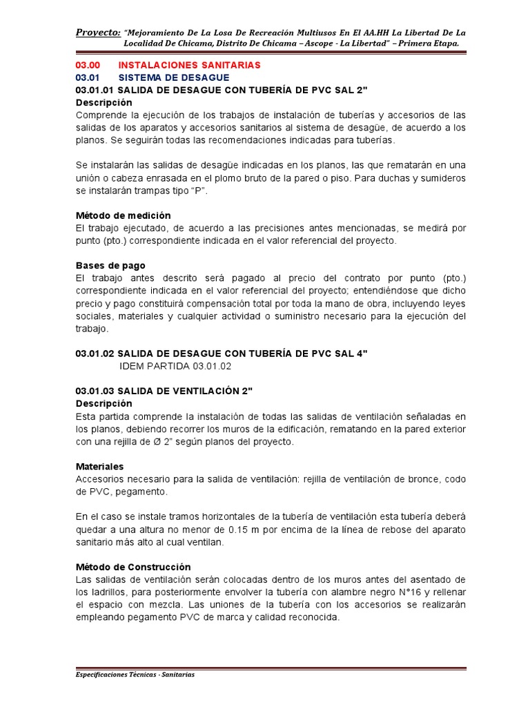 Especificaciones Técnicas Instalaciones Sanitarias | PDF