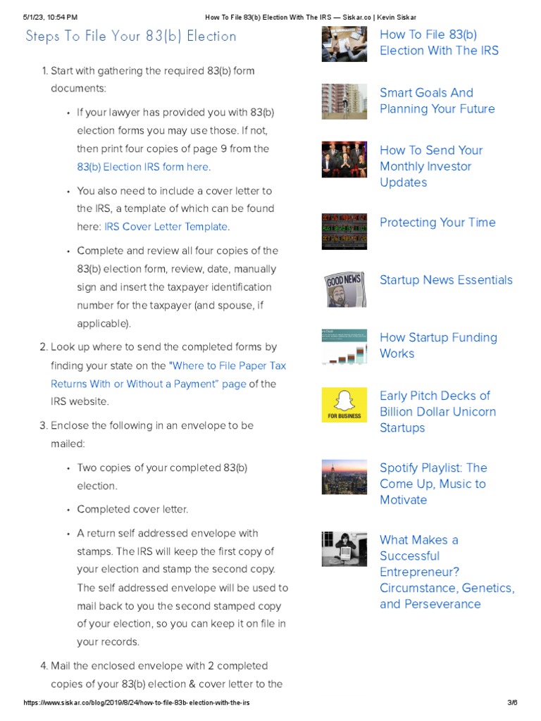 Filing Instructions for 83(b) Election | PDF | Internal Revenue Service | United States Postal ...
